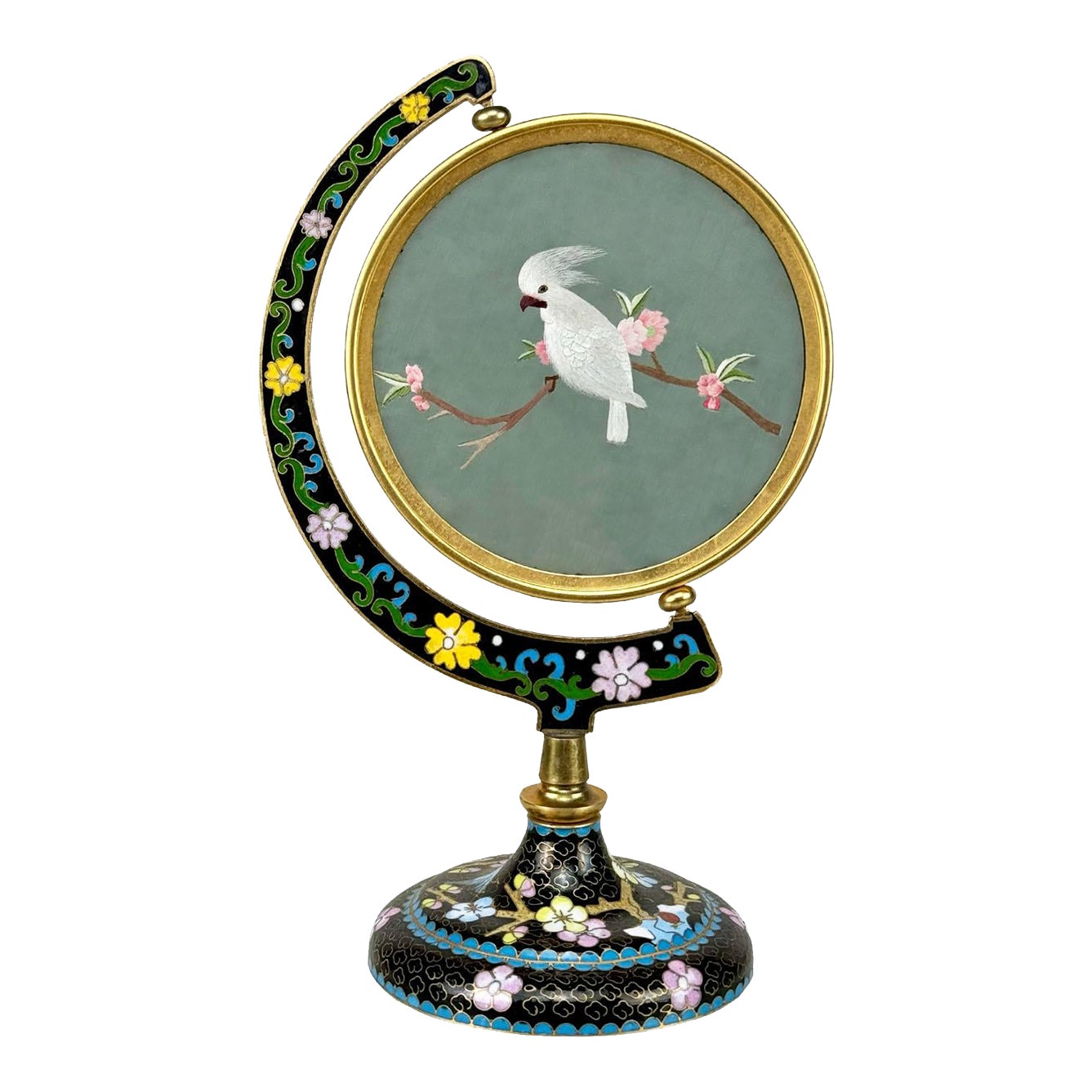 Vintage Chinese Cloisonne Brass & Enamel Silk Embroidery Parrot Swivel ...