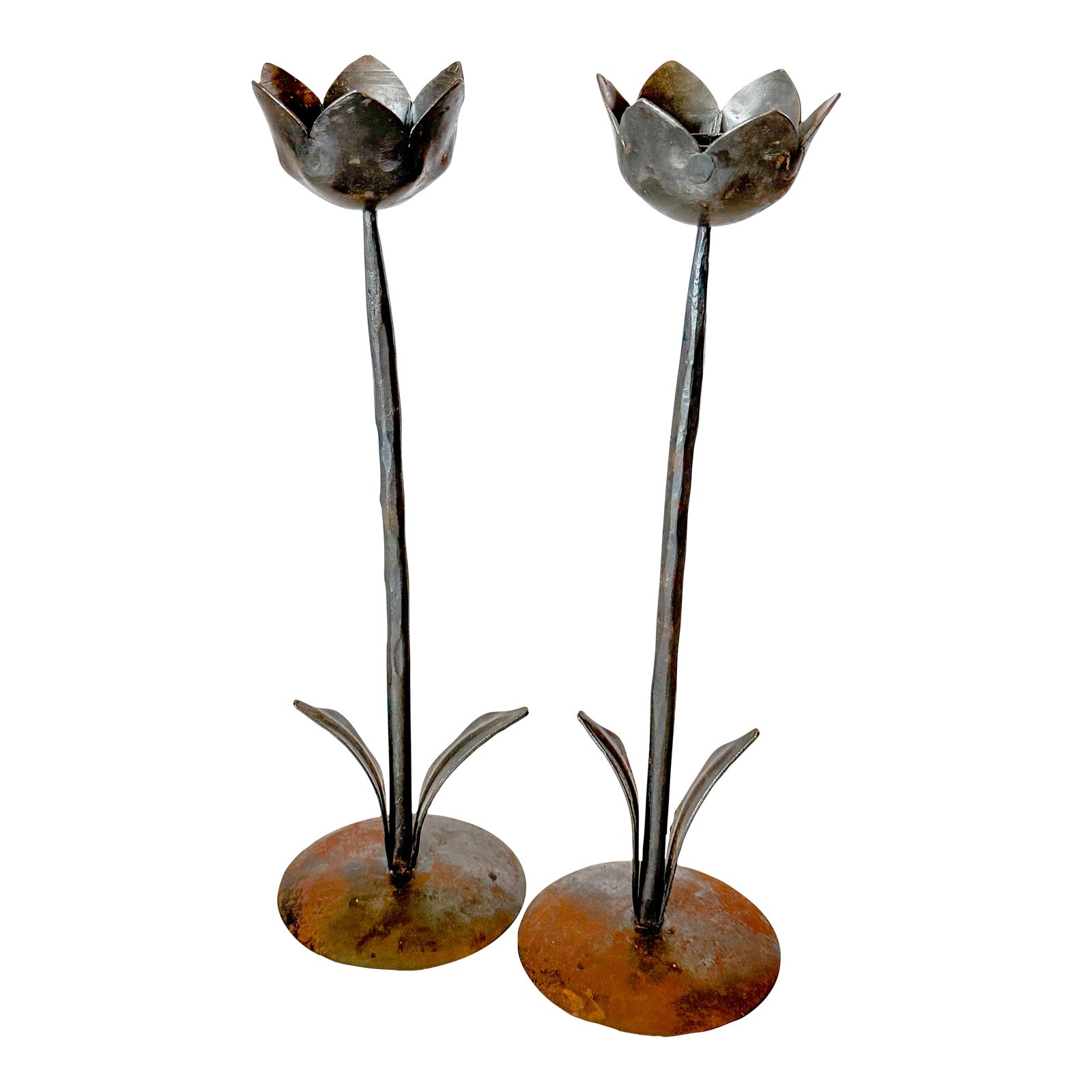 Vintage Rustic Iron Tulip Candlestick Holders- Set of 2 | Chairish