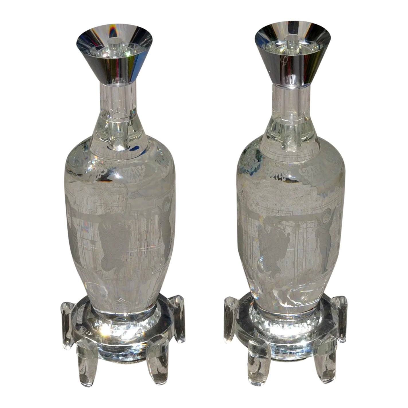 Pair of Large and Heavy Italian Solid Clear Crystal Candlesticks With ...
