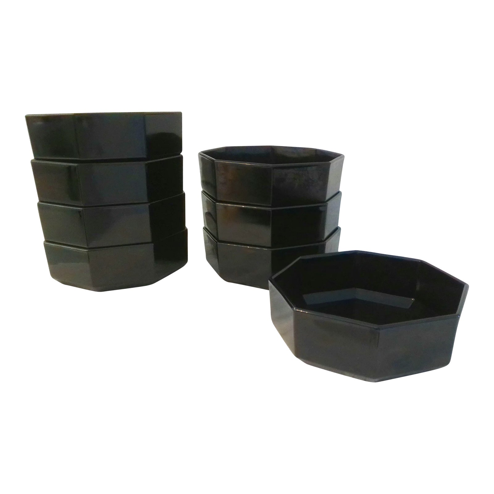Vintage Modern Arcoroc France Black Octagon Bowls - Set of 8 | Chairish