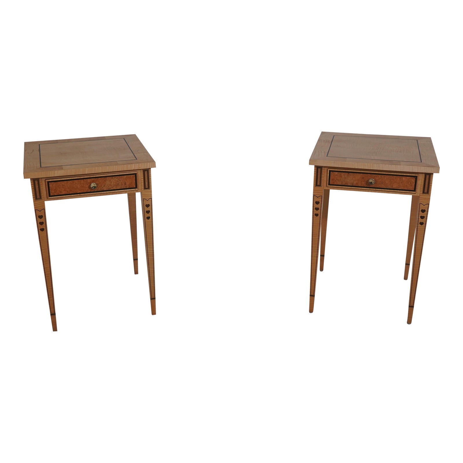 Pair of Custom Tiger Maple Inlay End Tables | Chairish