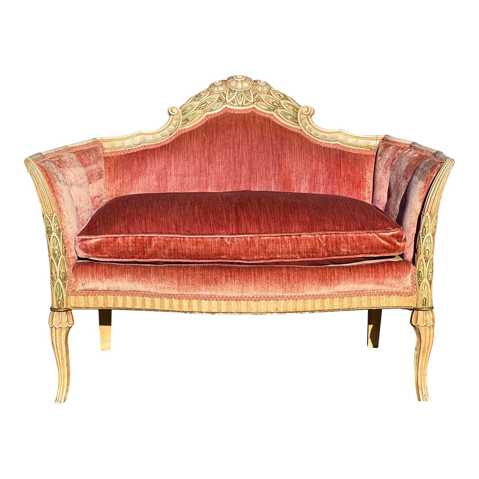 19th Century French Louis XVI Style Carved Velvet Settee | Chairish