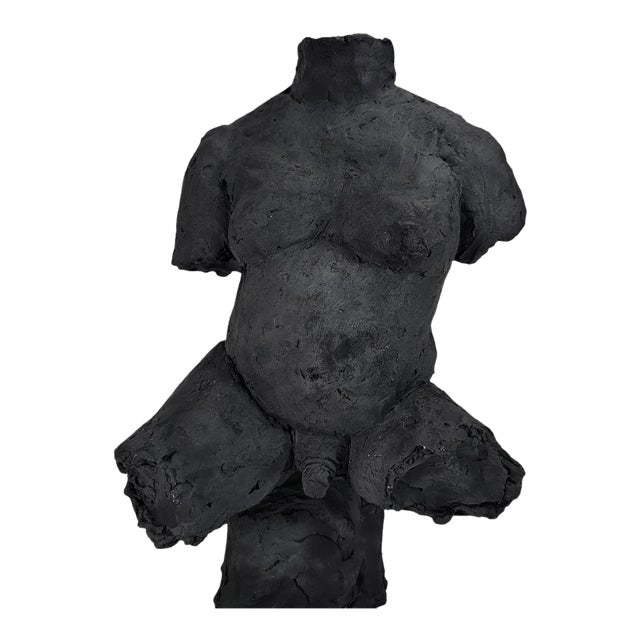 Brutalist Male Torso Black Hard Clay Sculpture | Chairish