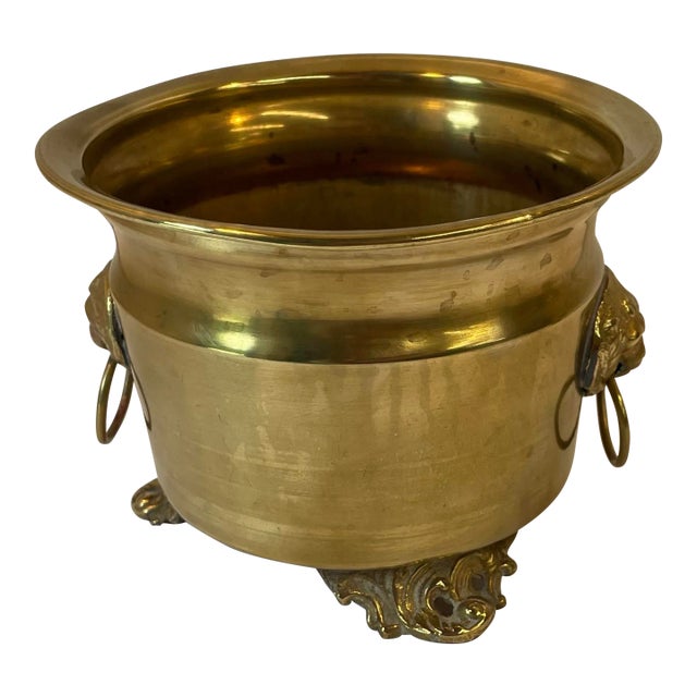 Vintage Brass Footed Planter With Lions Mask Handles | Chairish