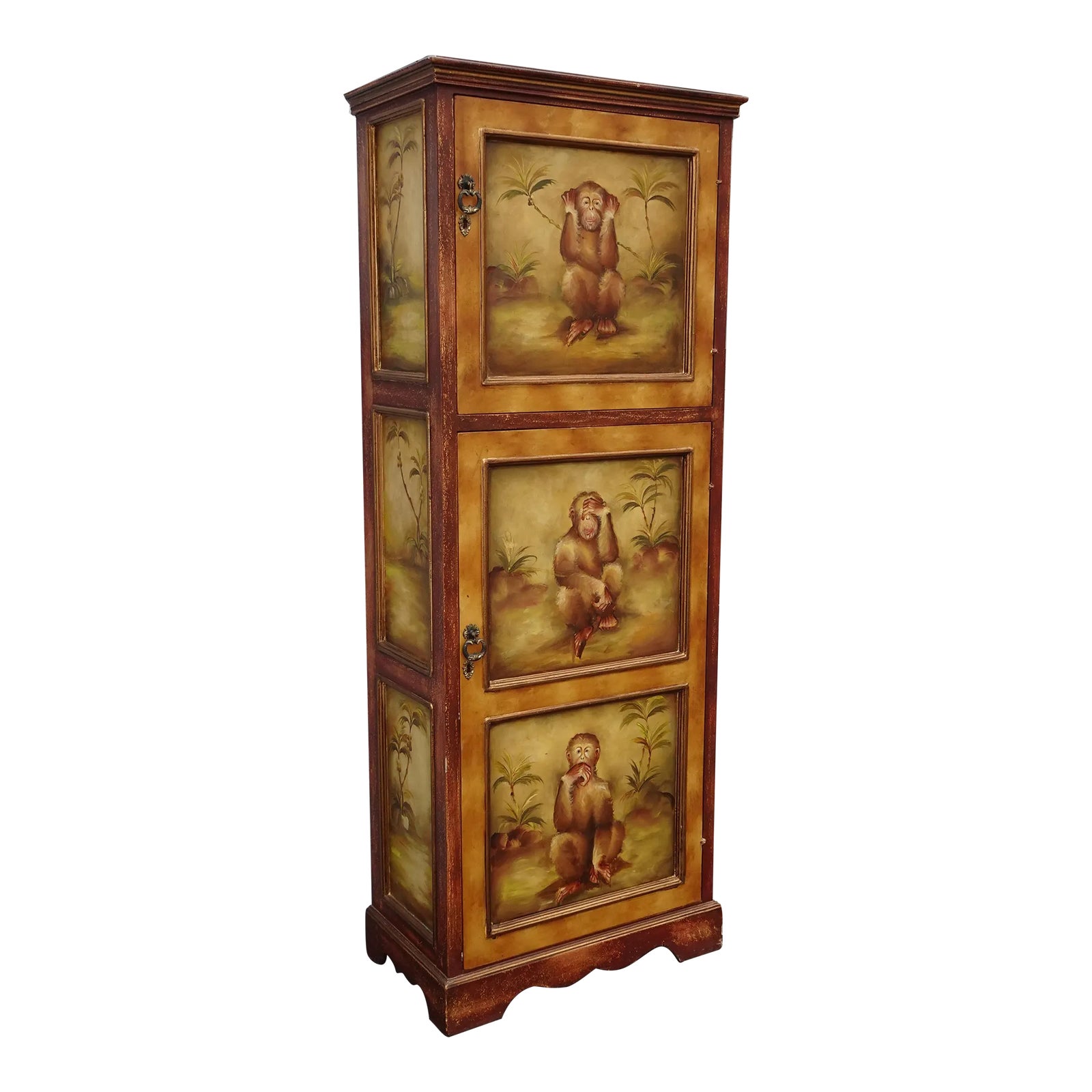 Vtg Maitland Smith Style Hand Painted Cabinet W Monkey See No Evil Hear ...