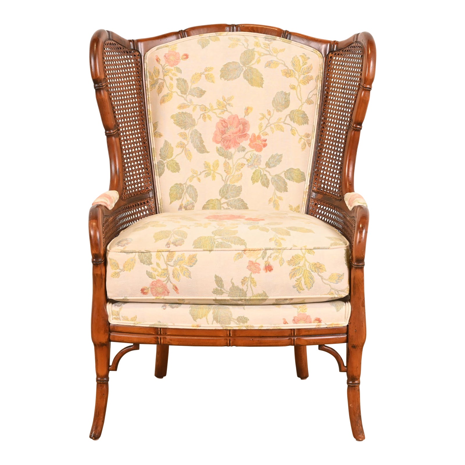 Ethan Allen Regency Faux Bamboo and Cane Wingback Upholstered Lounge ...