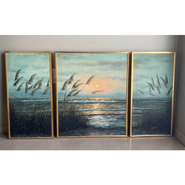 Vintage Coastal Triptych Paintings | Chairish