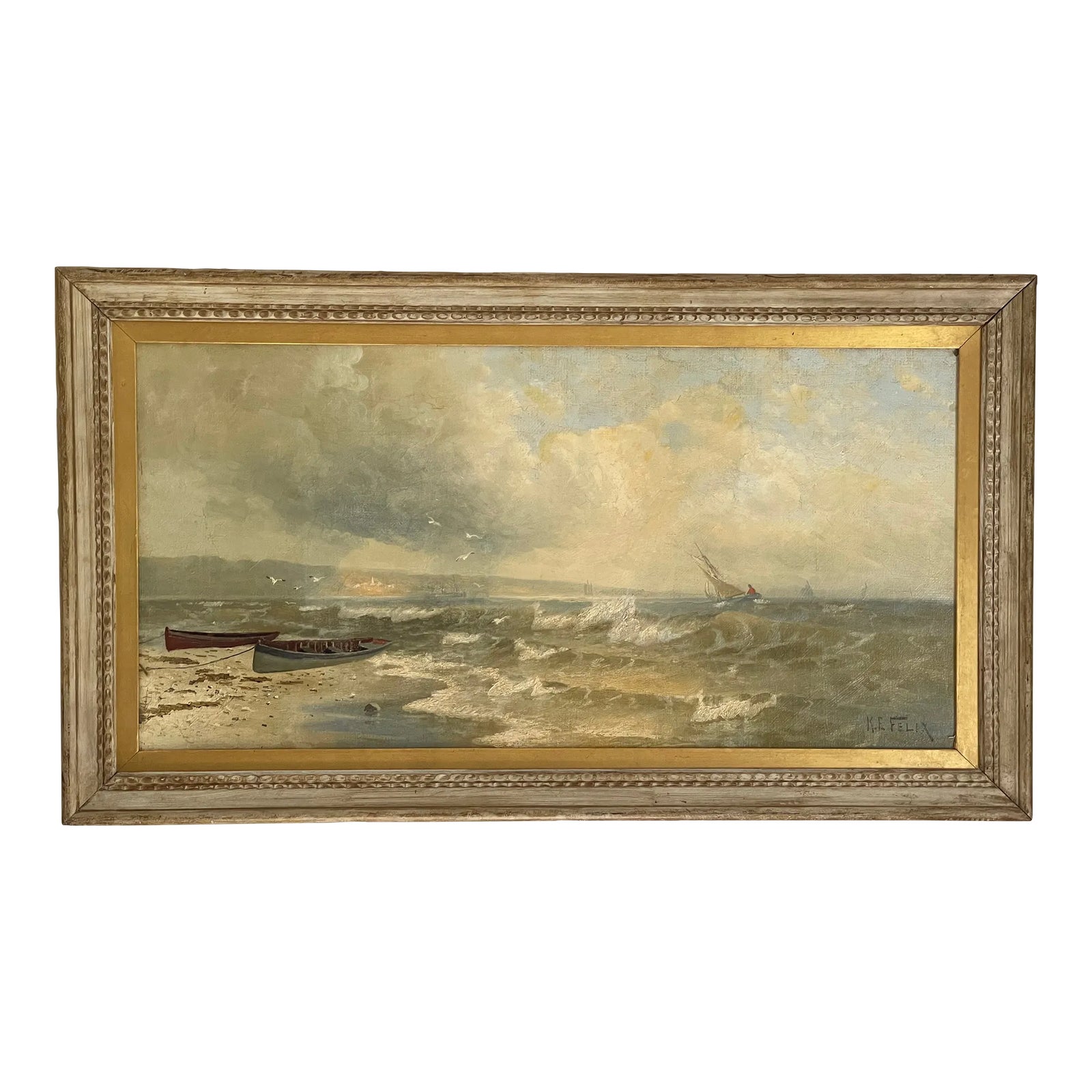 Antique Painting of a Seascape with Two Canoes and Sailboats by K E ...