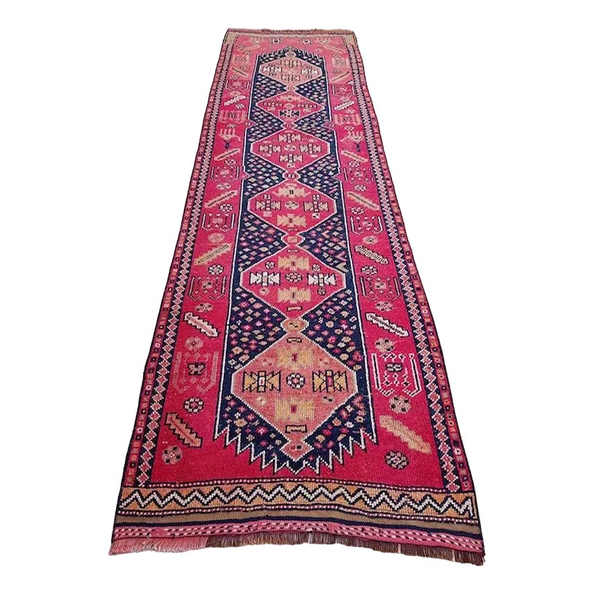 Turkish Pink Blue Runner Rug, 1960s | Chairish