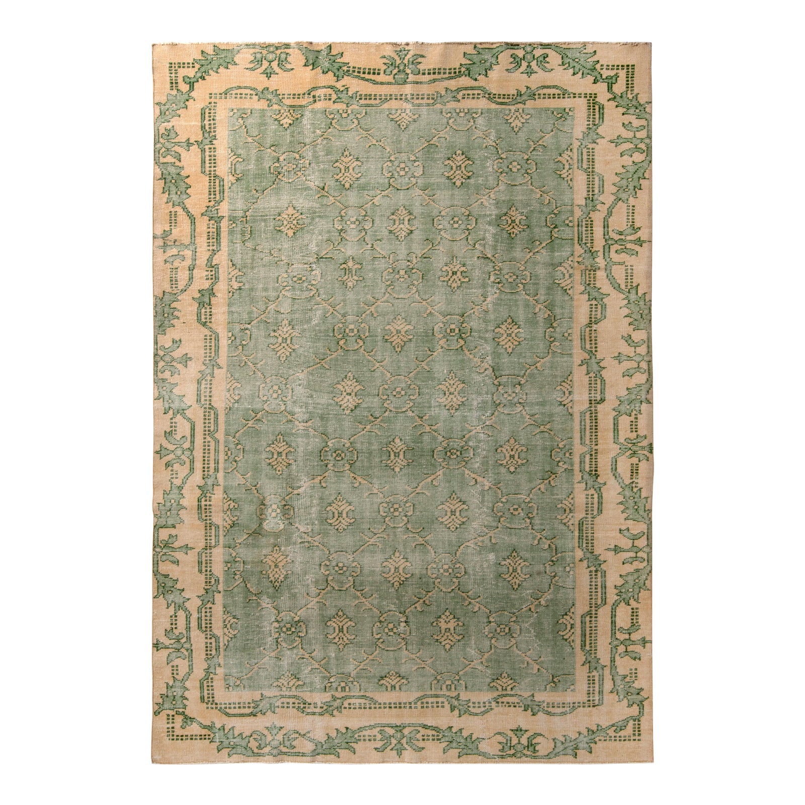 1960s Mid-Century Vintage Distressed Rug Green and Beige French Country ...