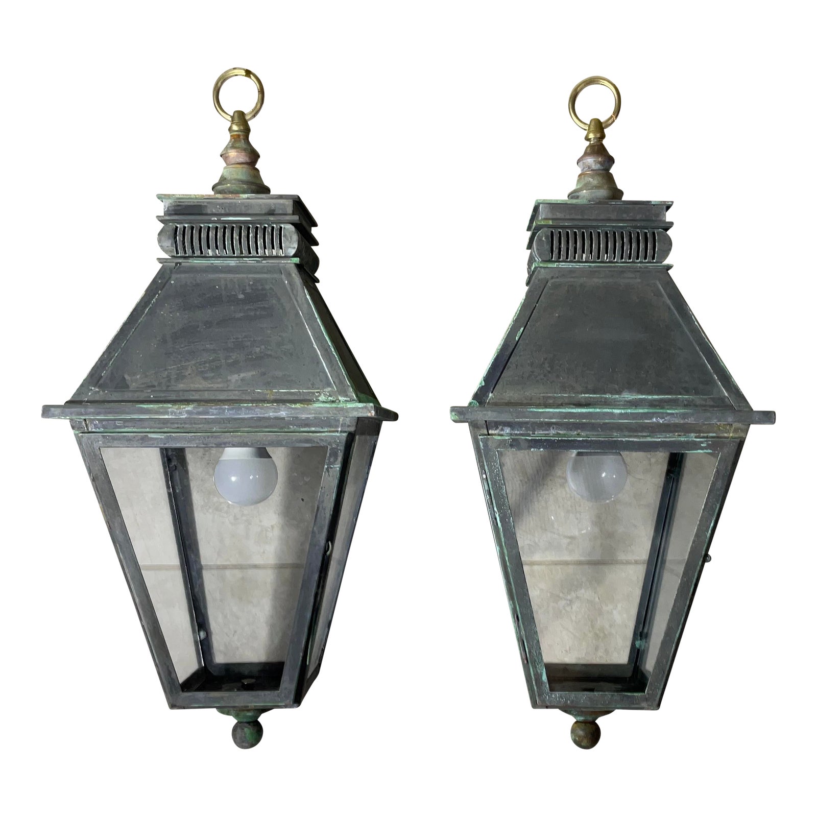 Pair of Vintage Square Handcrafted Copper Hanging Lanterns | Chairish
