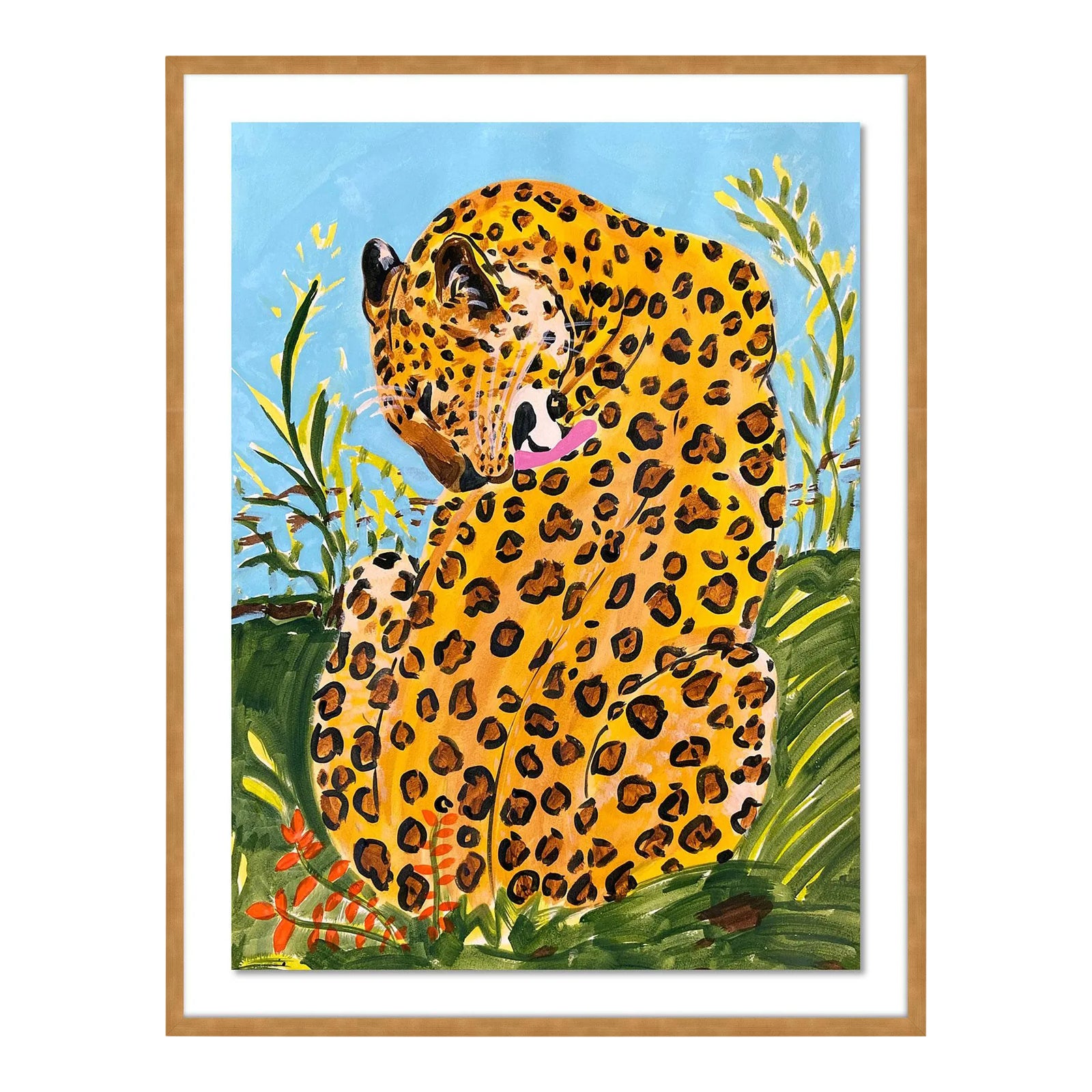 Licking Leopard by Jelly Chen in Gold Framed Paper, Medium Art Print | Chairish