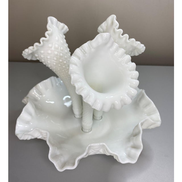 Vintage Fenton Epergne Vase Hobnail White Milk Glass 3 Horn Trumpet ...