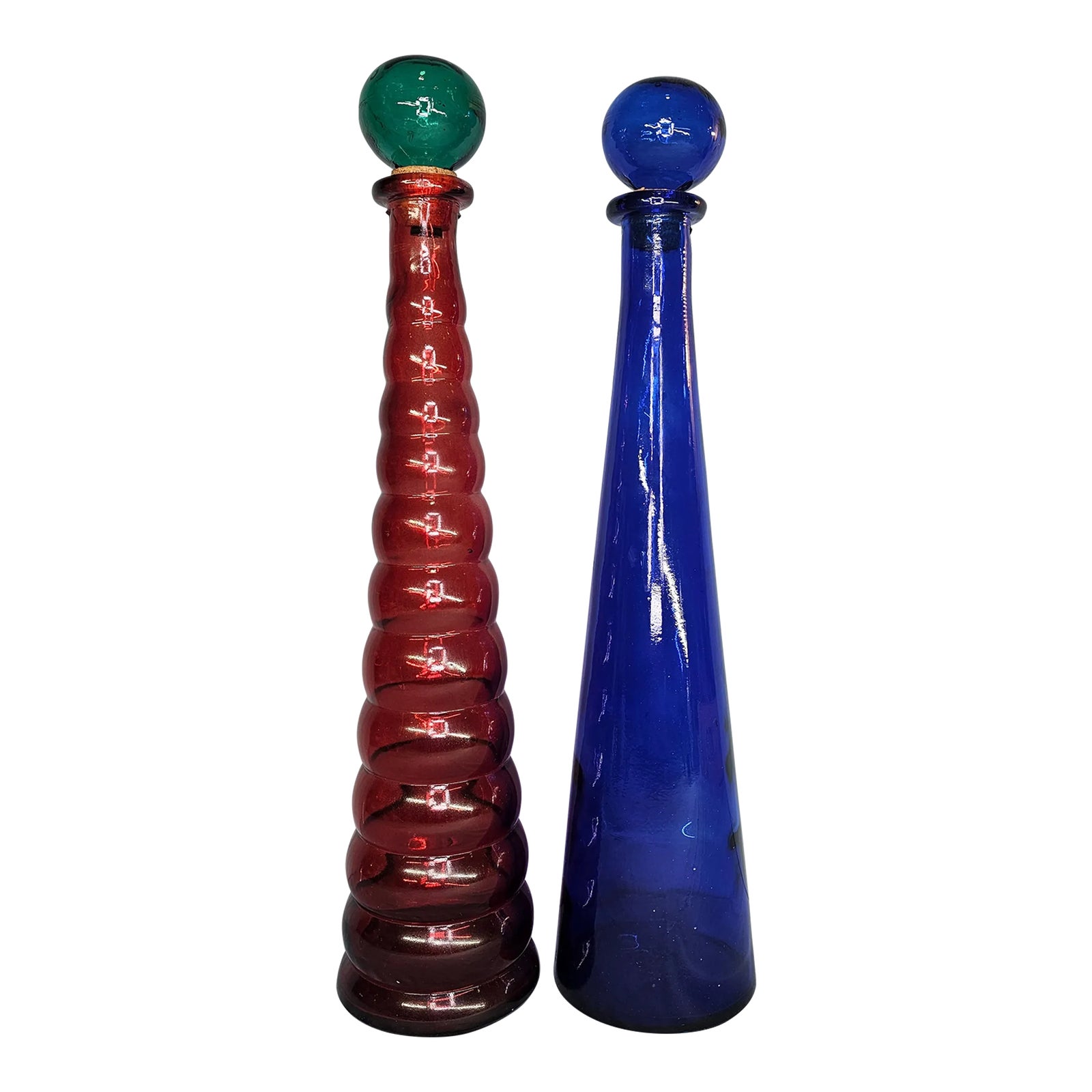 1980s Art Deco Red & Blue Spain Decanter Set Beehive Ribbed Bubble ...