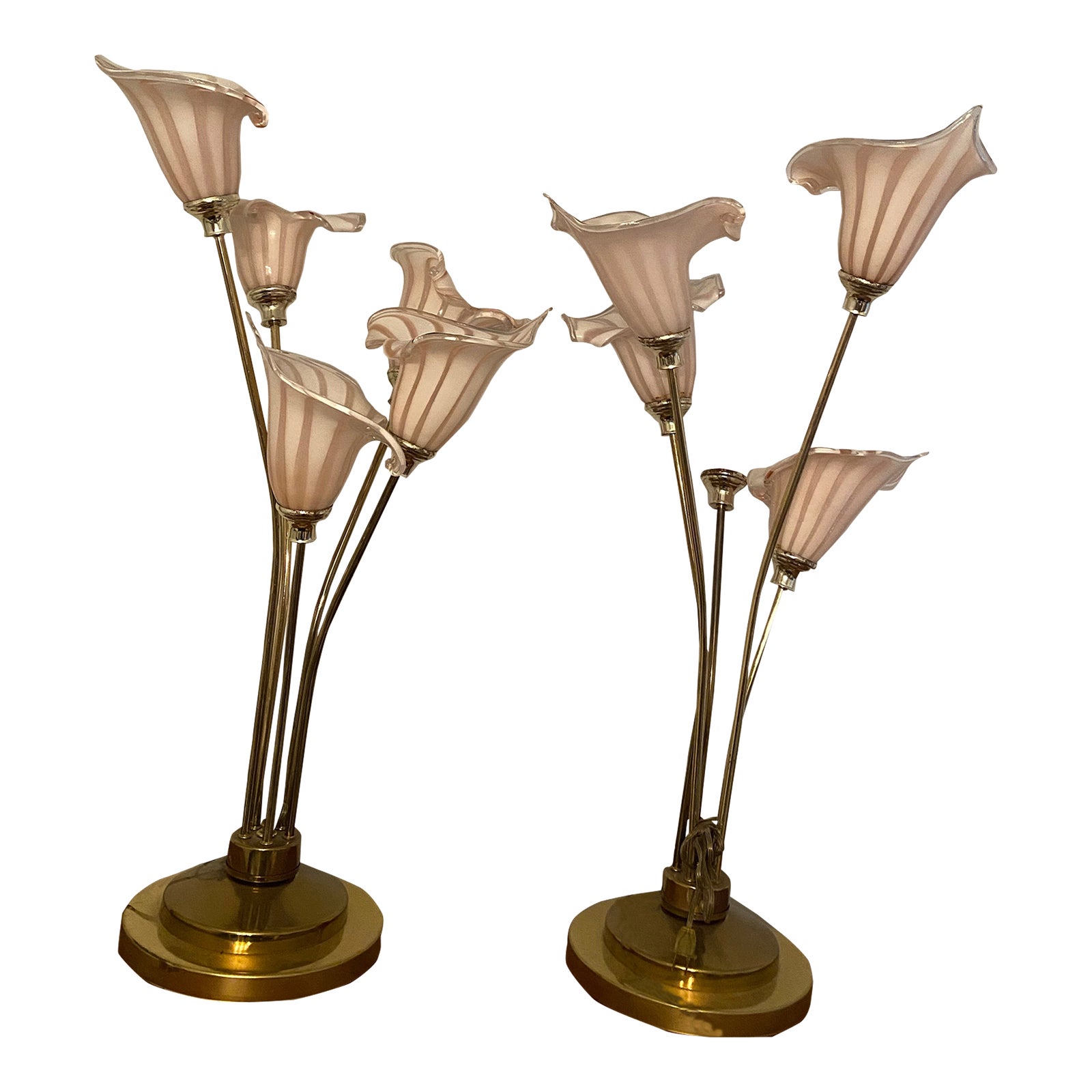 Vintage Calla Lily Murano Glass Bouquet Brass Table Lamps - Set of 2 ...