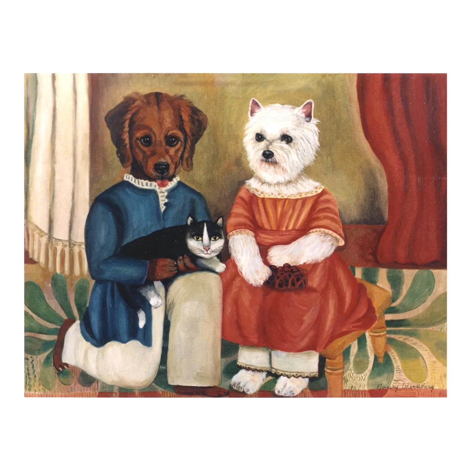 Contemporary Folk Art Portrait of Dogs with Cat After Nancy Weinberg ...