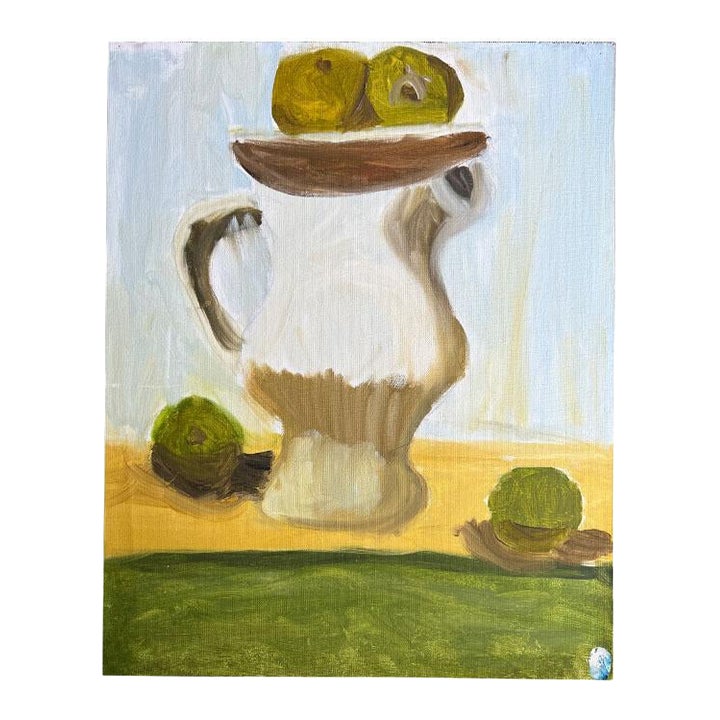 Vintage Green and Yellow Expressionist Still Life Painting on Canvas ...