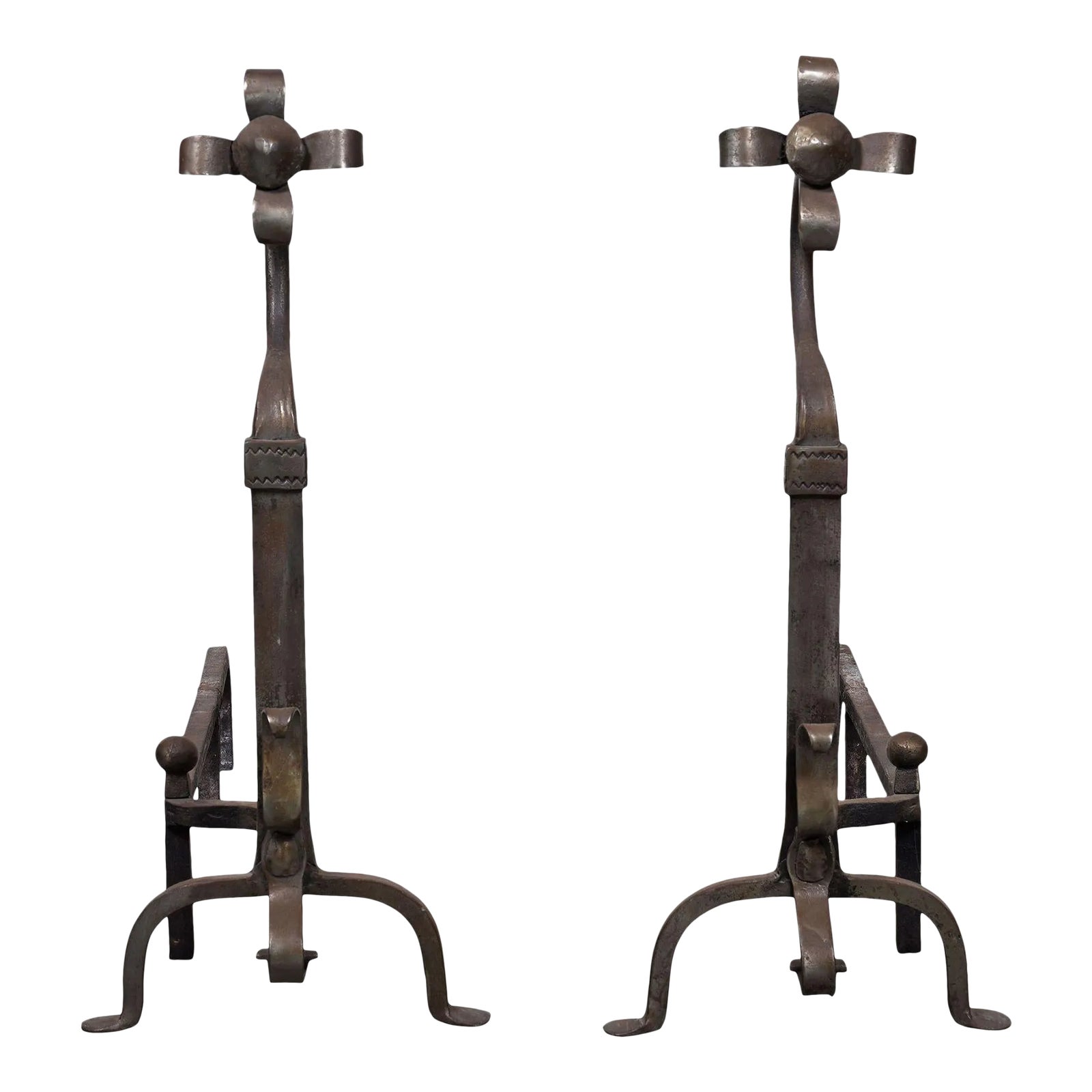 1930-40 Flower Shaped Steel Andirons - a Pair | Chairish