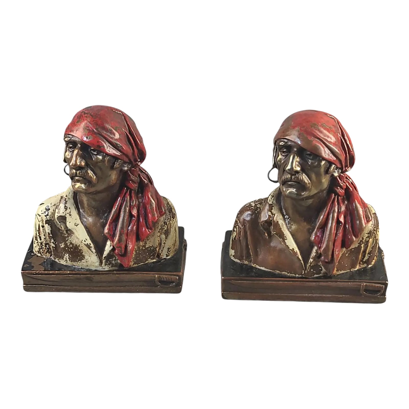 Pair of Antique Paul Herzel Armor Bronze Buccaneer Pirate Bookends ...