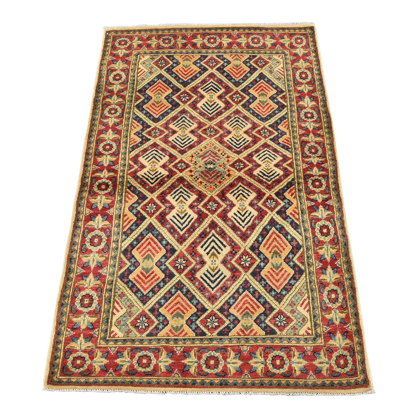 Kazak Rug 3’4” X 5’3” Red Wool Geometric Hand-Knotted Oriental Carpet ...