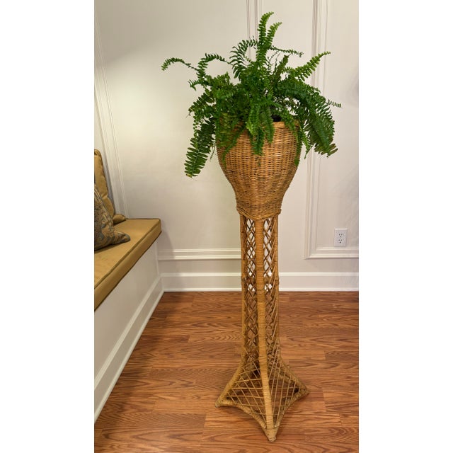 Vintage Coastal Large Rattan & Wicker Plant Stand | Chairish
