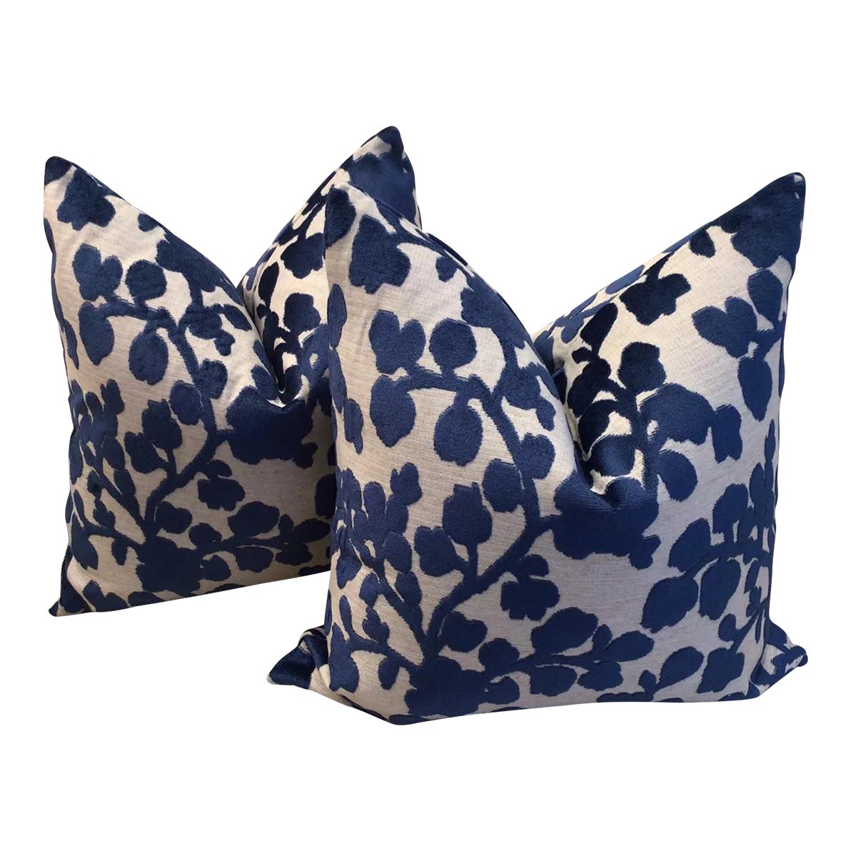 Blossom in Sapphire Raised Linen Velvet Floral Pillows- a Pair | Chairish