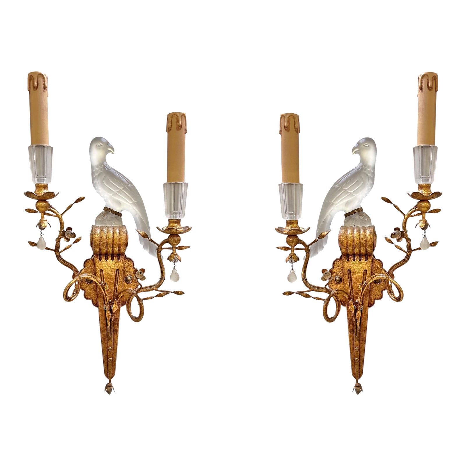 Parrot Form Gilt Metal and Frosted Glass Sconces After Maison Bagues ...