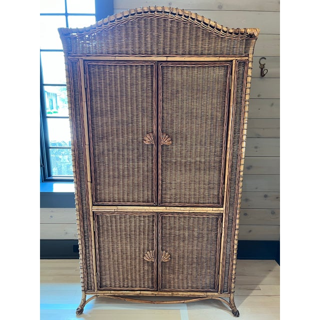 1990s Wicker Armoire or Bar With Shell Shaped Handles and Bamboo ...