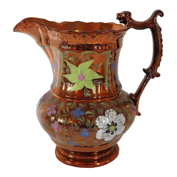 English Staffordshire Enamelled Copper Luster Dog-Handle Pitcher | Chairish