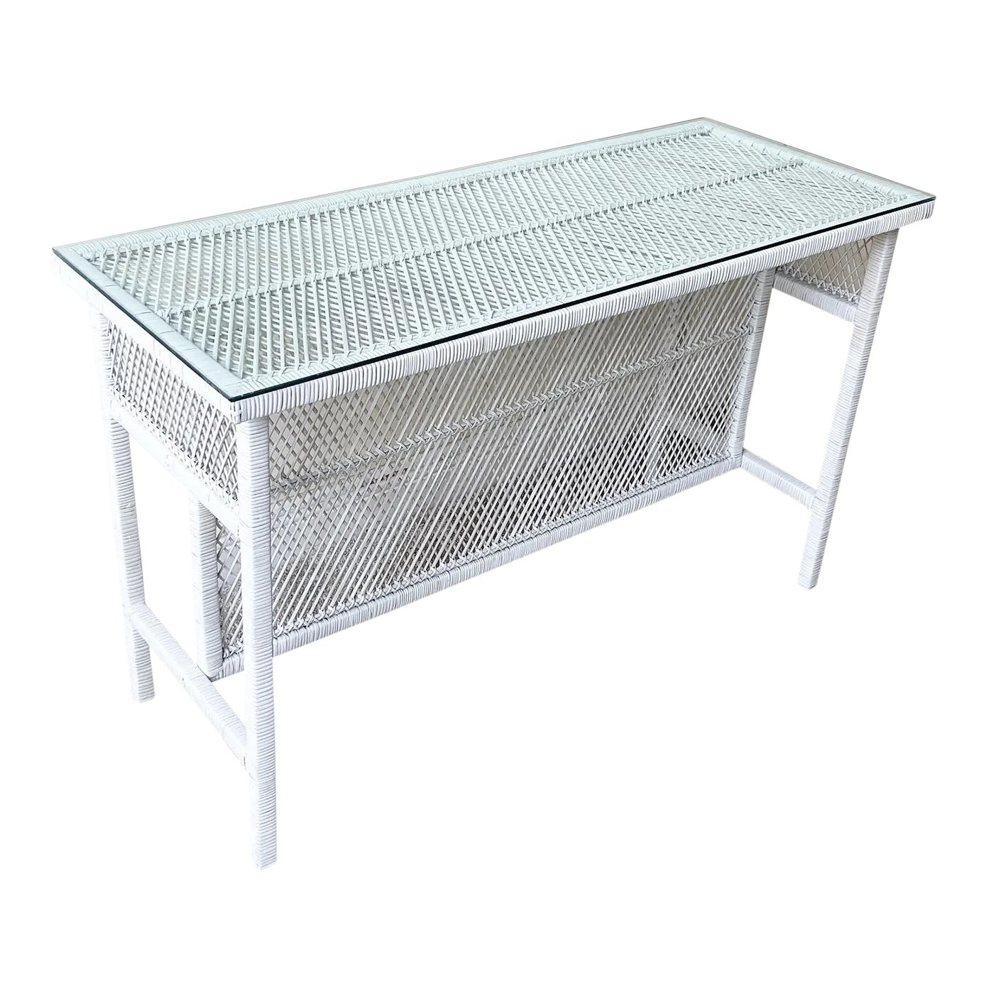 Boho Chic White Rattan Console Table With Glass Top | Chairish