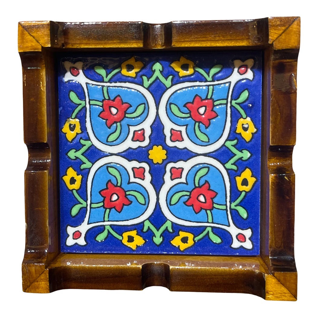 1990s Flower Motif Ceramic Ashtray in Wood Frame | Chairish