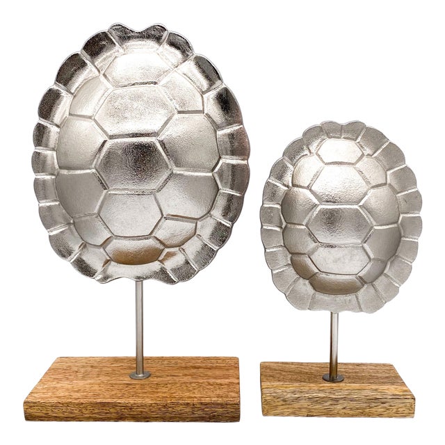 Contemporary Cast Aluminum Turtle Shells on Wood Stands- Set of 2 ...