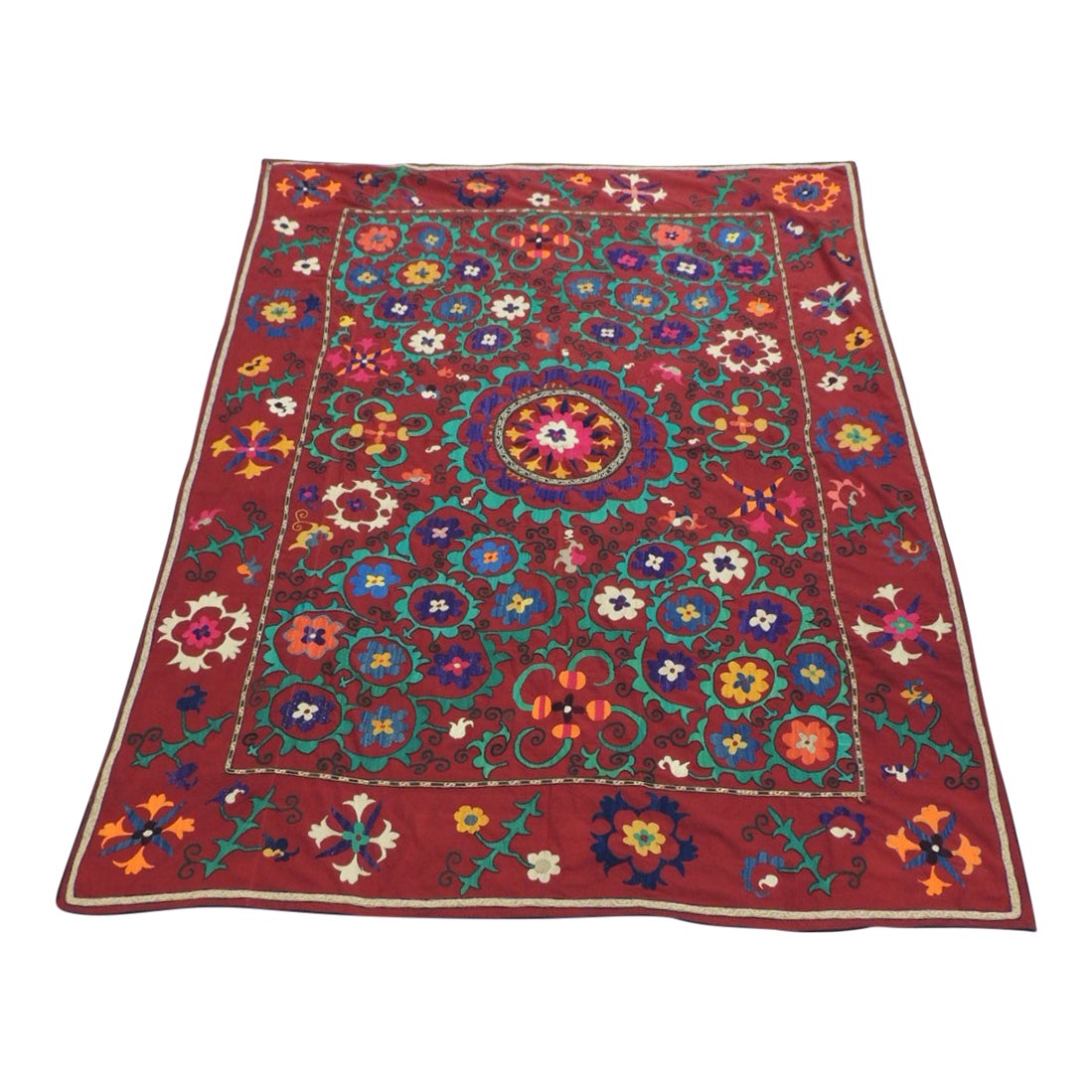 Vintage Red & Green Hand Embroidery Suzani Wall Hanging | Chairish