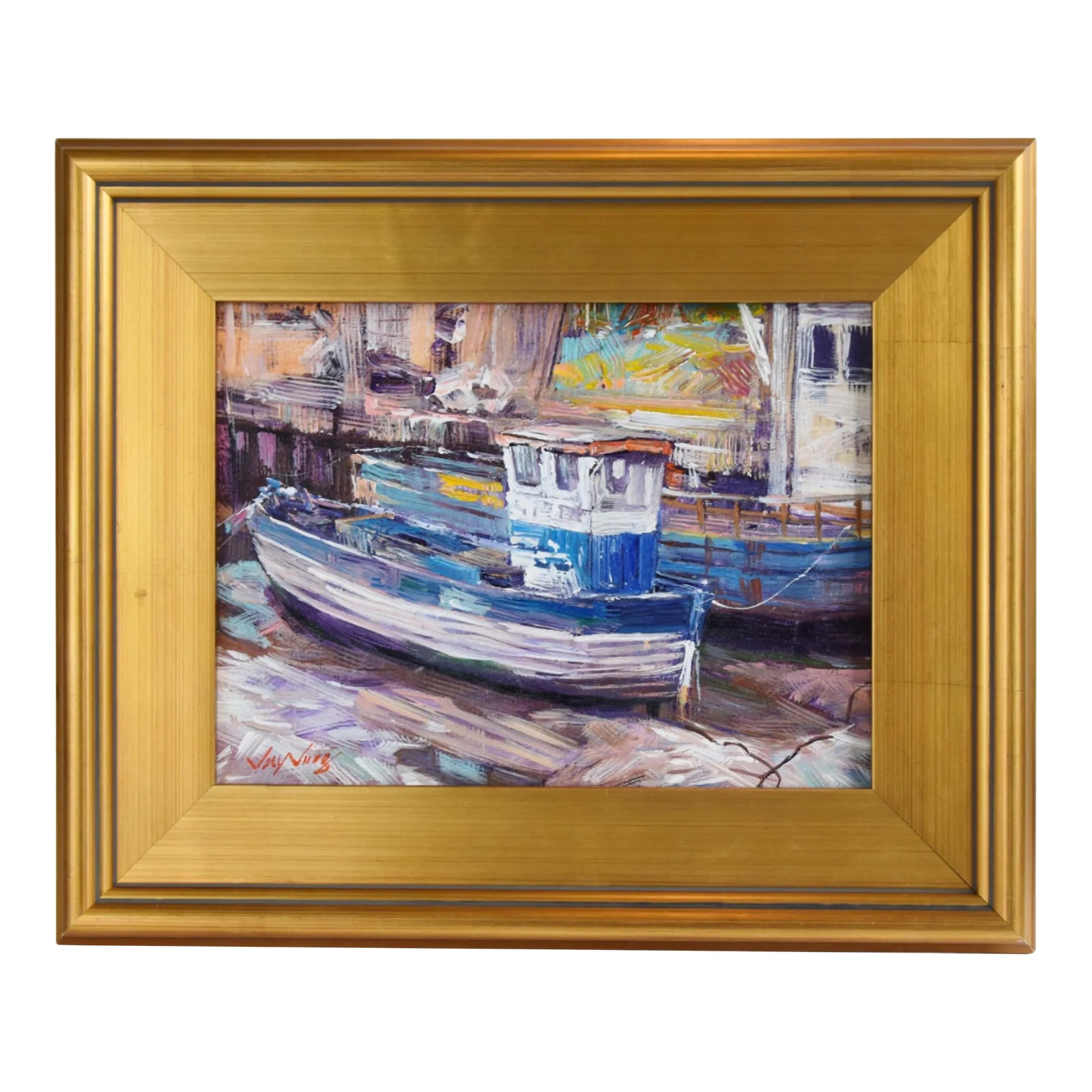 Impressionist Fishing Boats Docked at Nantucket Harbor Painting W ...