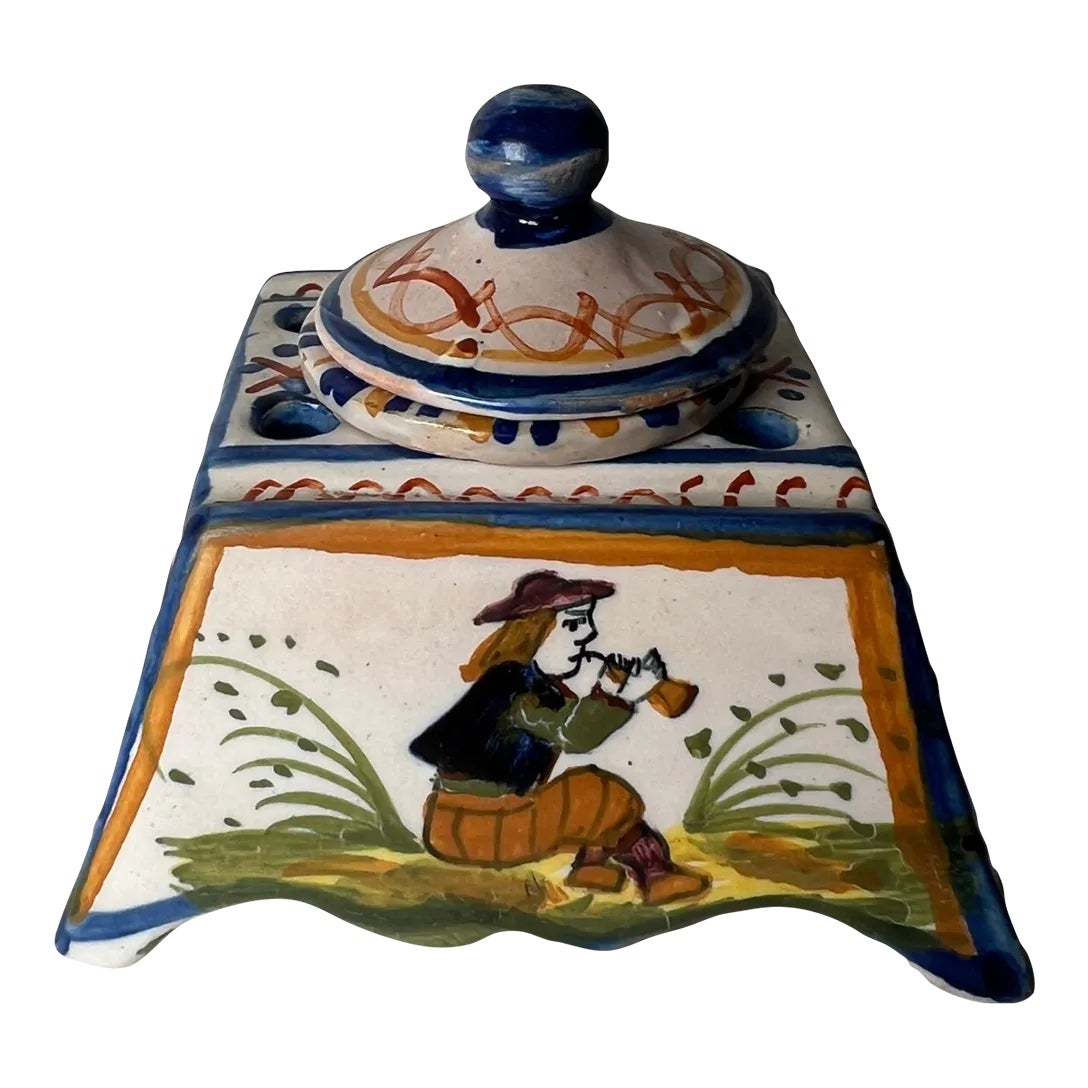 Precious Quimper Inkwell, Breton Sitting by Pond With Flute, Desk ...