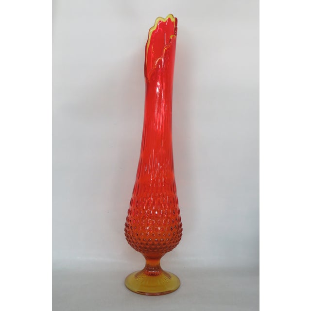 Mid Century Orange Amberina Hobnail Tall Stretch Swung Glass Vase