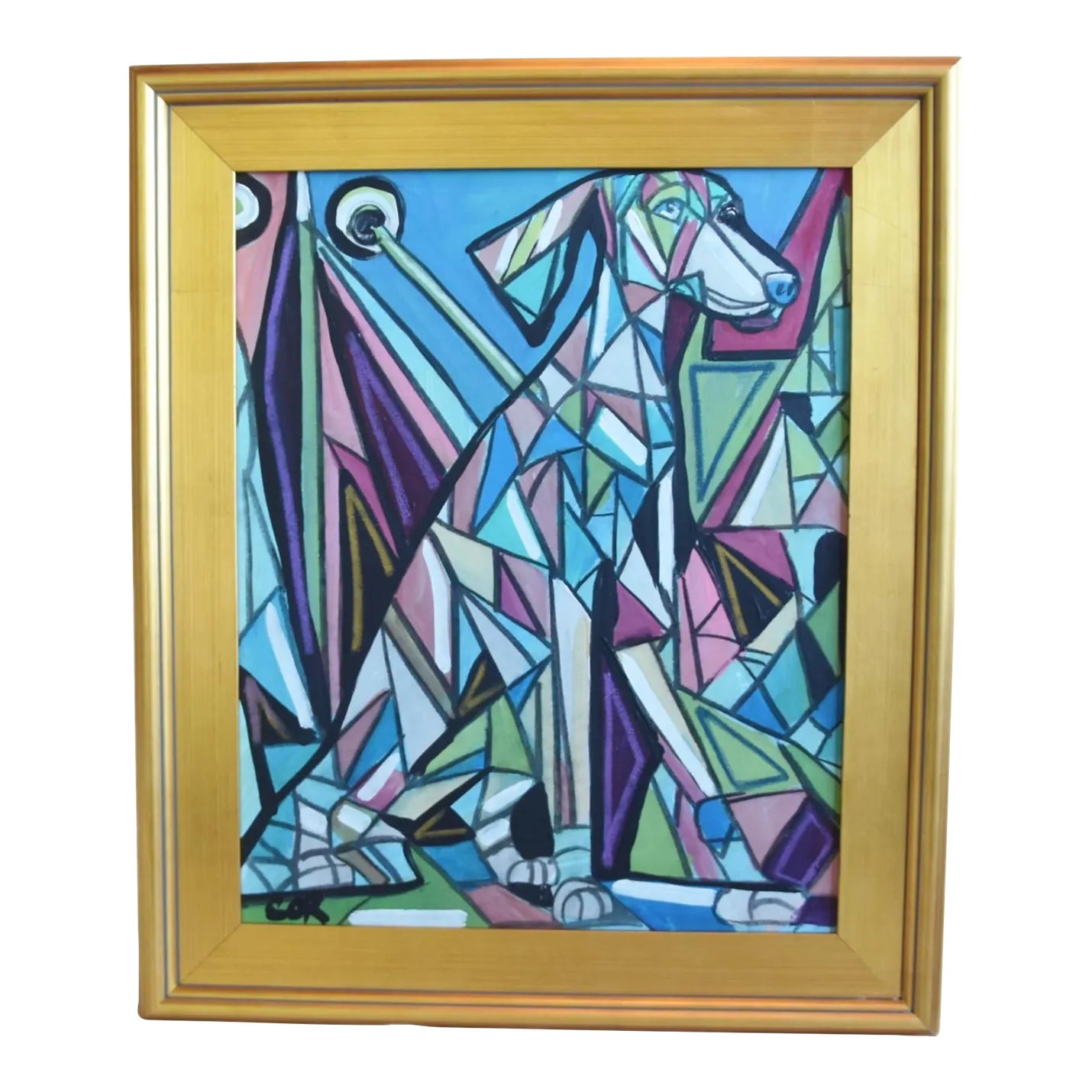 Contemporary Modern Listed Artist Cubism Dog Painting W/ Antiqued Gold ...