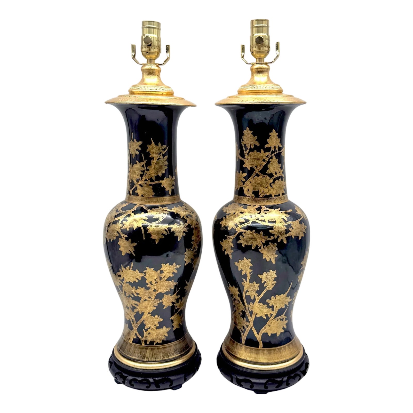 Pair Chinese Mirror Black Baluster Vase Lamps Gilt Prunus Decoration ...