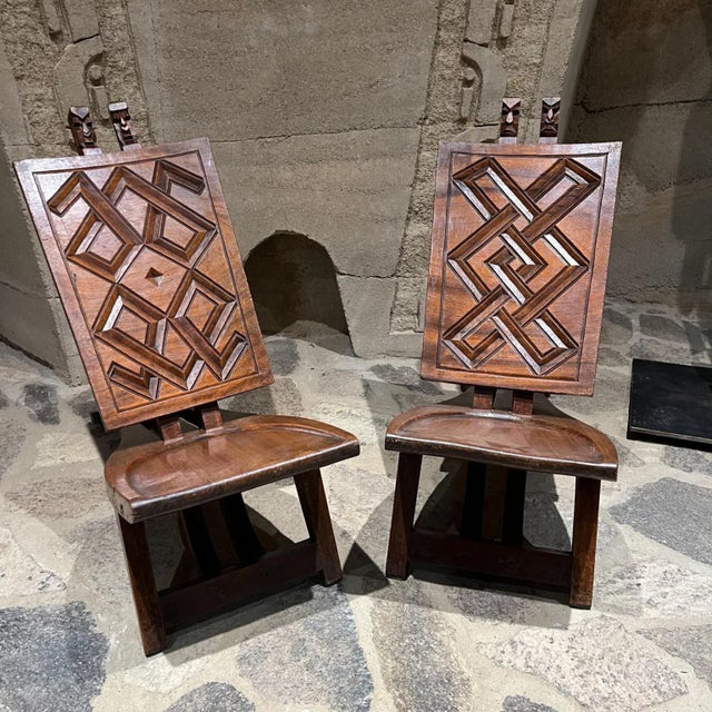 1960s Modern Africa Low Tribal Chief Chairs Geometric Wood - a Pair ...