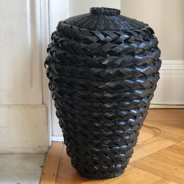 Vintage Black Lacquered Rattan Floor Vase | Chairish