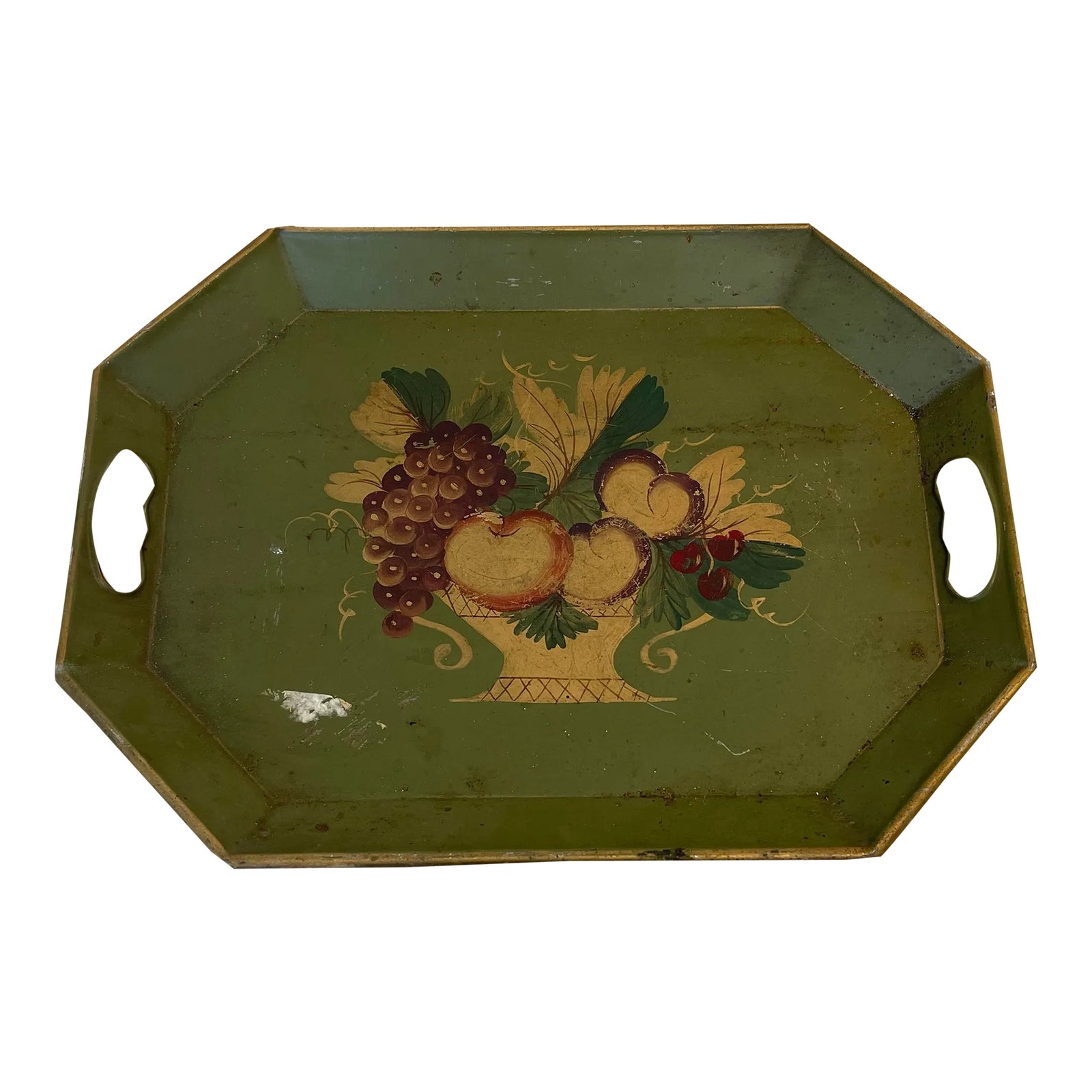 Vintage 1930s Medium Painted Metal Tray With Fruit Basket Design | Chairish