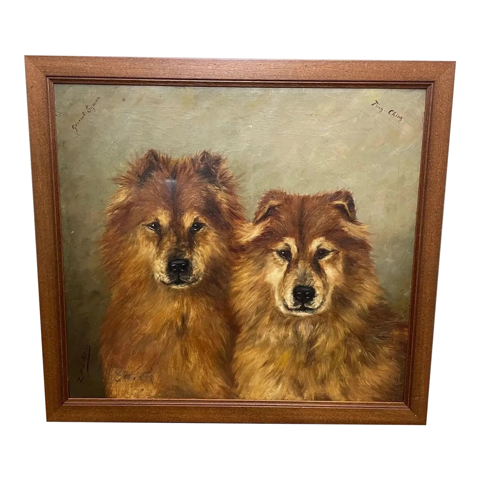 Traditional French 19th Century Oil Painting Chinese Chow Chow Dogs ...