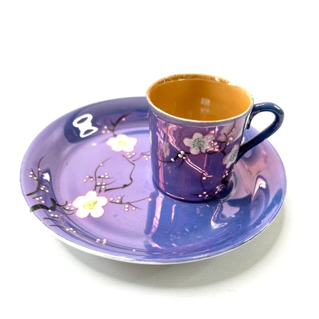 1990s Japanese Blue & Gold Lusterware Espresso Cups & Saucers with Hand ...