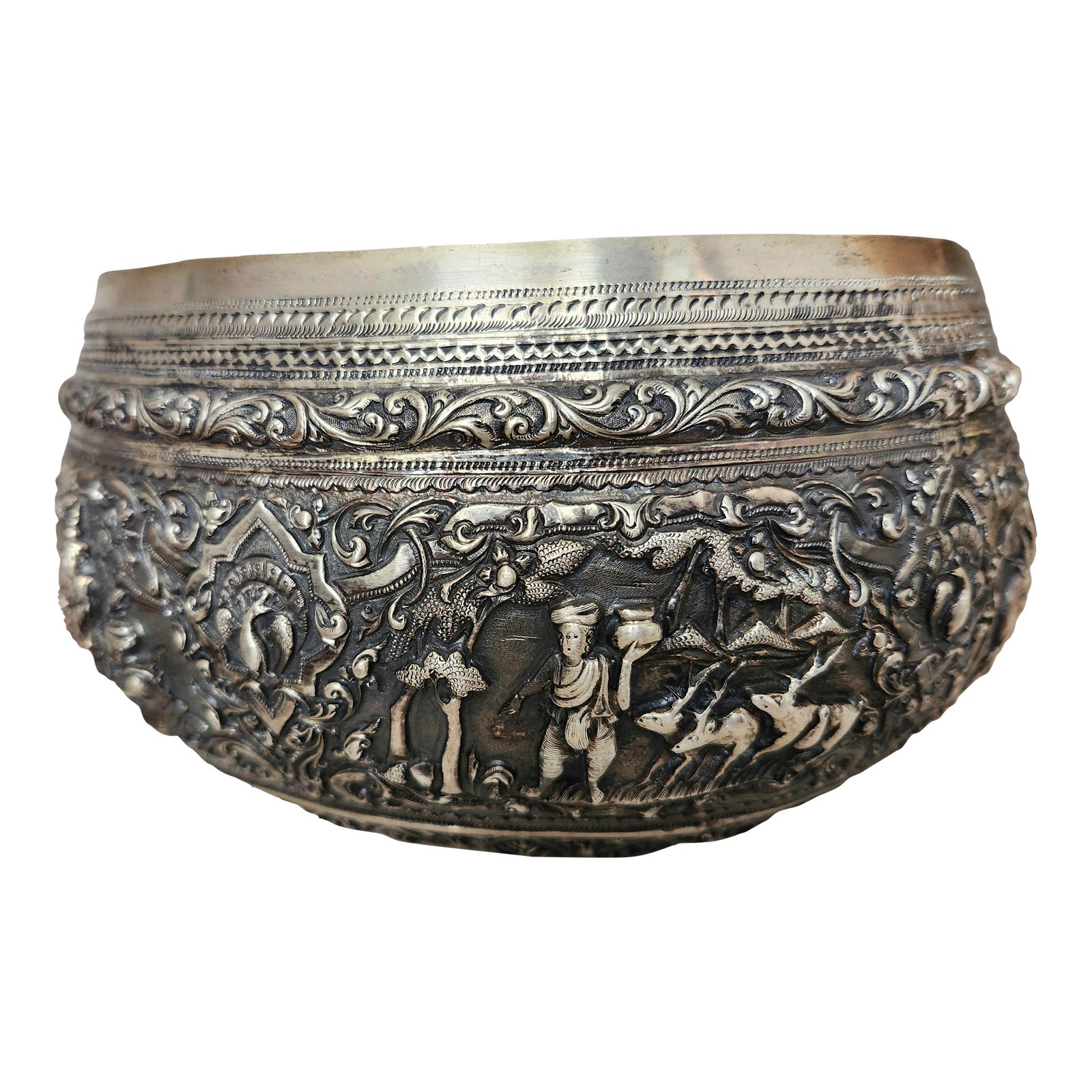 Late 19th Century Burmese Silver Offering Bowl | Chairish