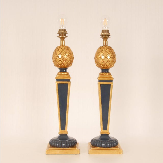Vintage French Giltwood Lamps Indigo Blue Gold Pineapple Napoleonic ...