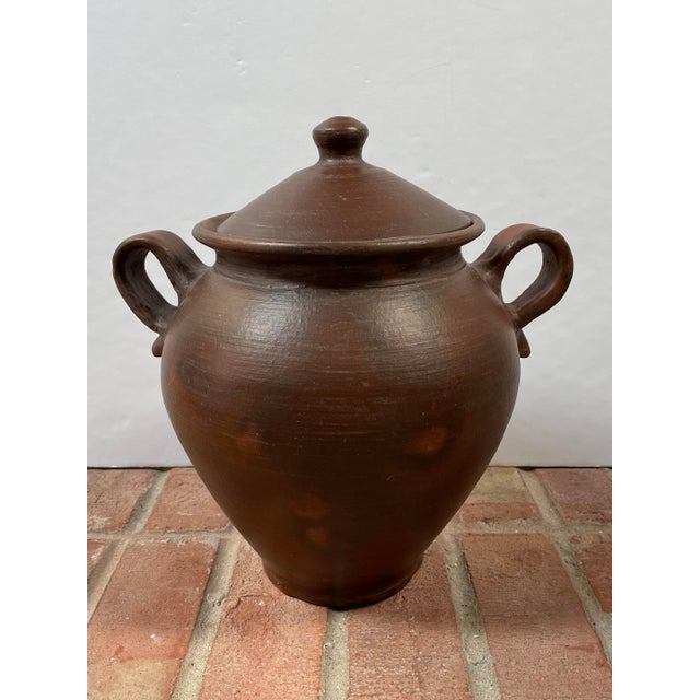 Hand Made Brown Clay Pottery Lidded Jar With Face | Chairish