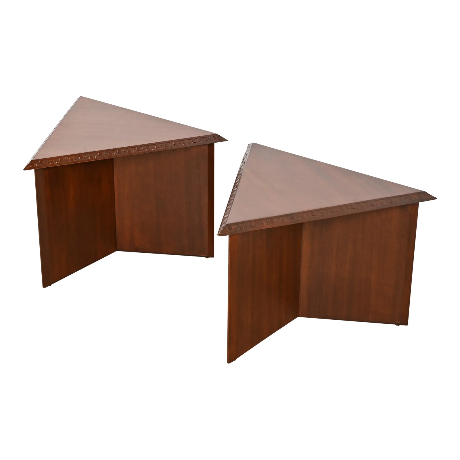 Frank Lloyd Wright Taliesin Mahogany Triangular Side Tables, Newly ...
