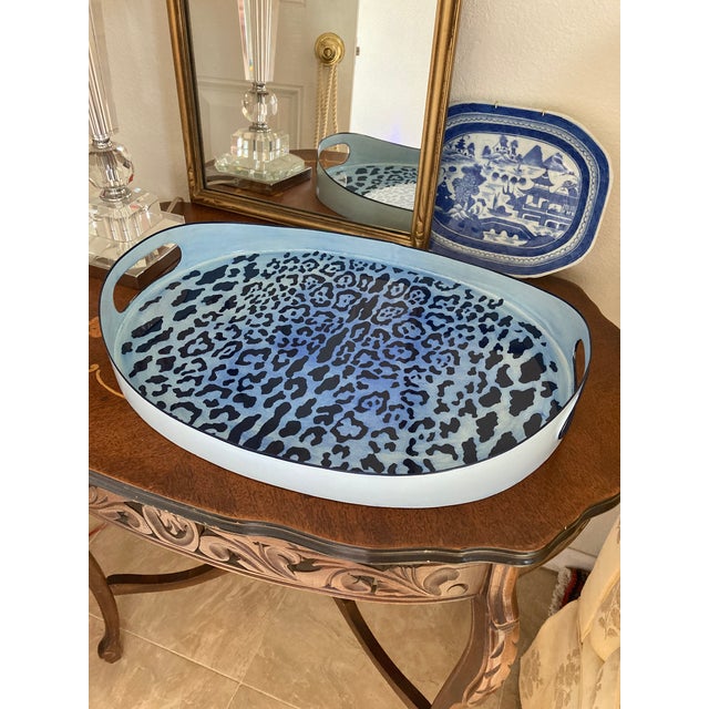 Contemporary Oval Blue Leopard Lacquer Tray | Chairish