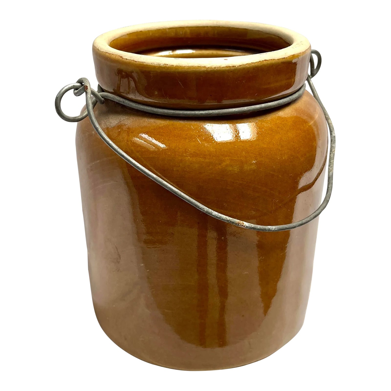 Antique Glazed French Crock W/Metal Carrier | Chairish