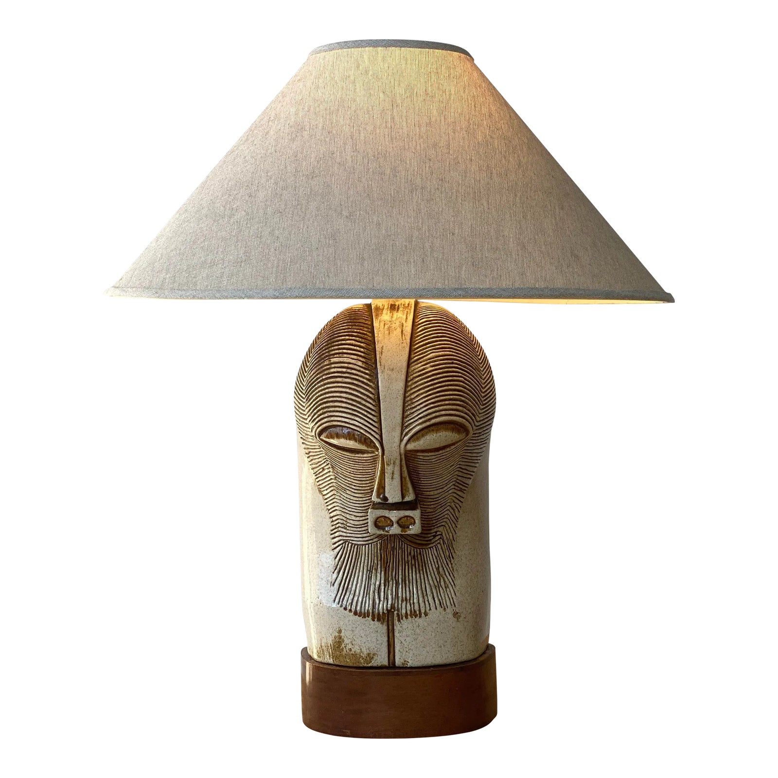 Vintage Large Scale Ceramic Kifwebe-Inspired Mask Lamp on Mahogany Base ...
